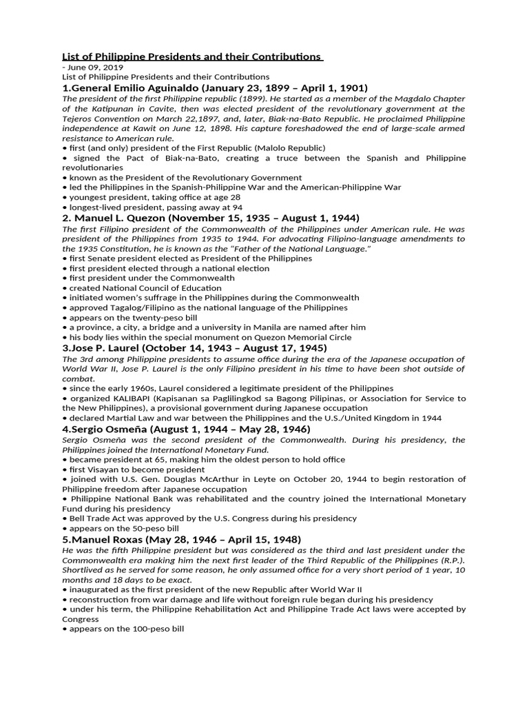 List of Philippine Presidents and Their Contributions | PDF | President ...