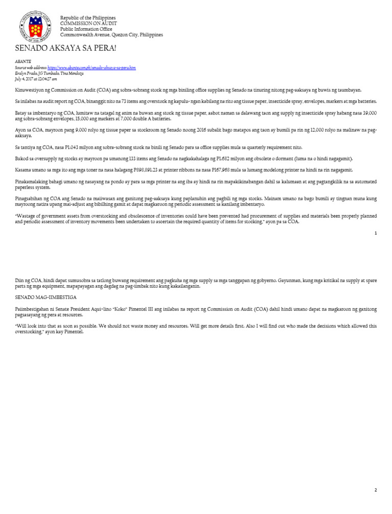 Senado Aksaya Sa Pera | PDF