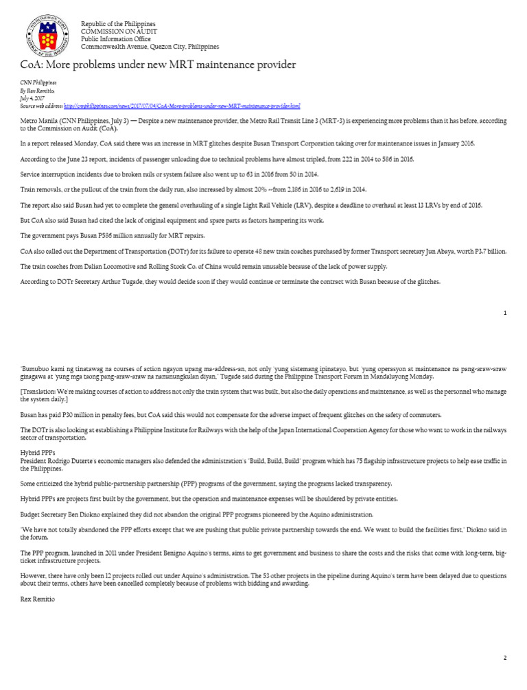 MRT-3 Faces Increased Issues Under New Maintenance | PDF | Public ...