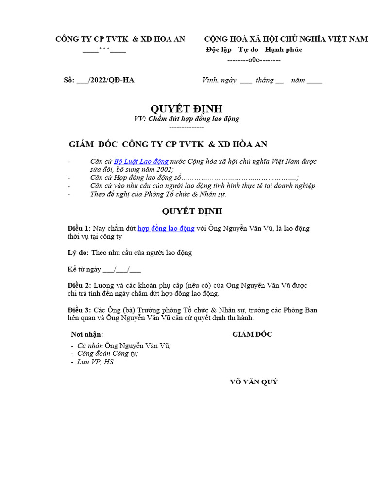 CLD - 1640053720 - Mau Quyet Dinh Cham Dut Hop Dong Lao Dong | PDF