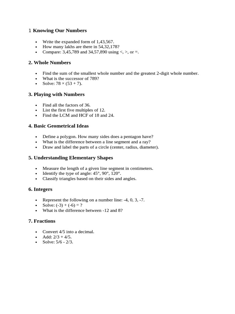 Maths Questions For Class 6 | PDF