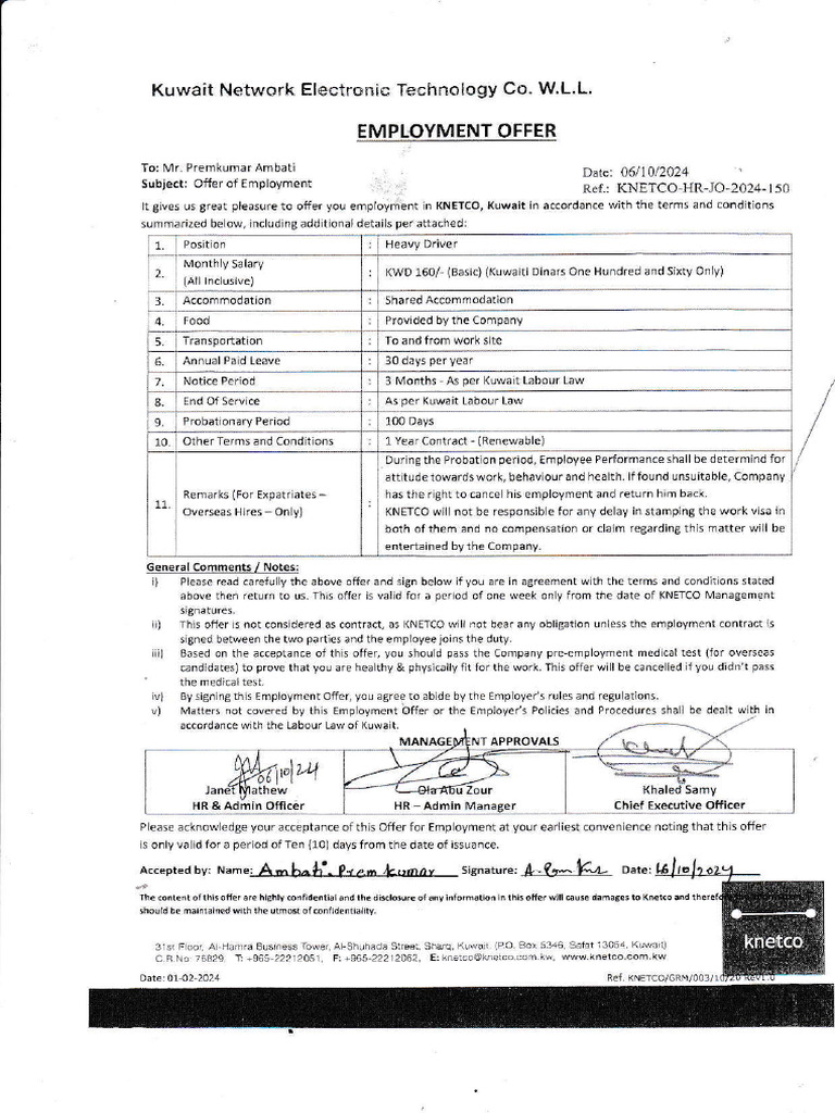 KNETCO Kuwait Employment Offer 2024 | PDF | Labor | Private Law