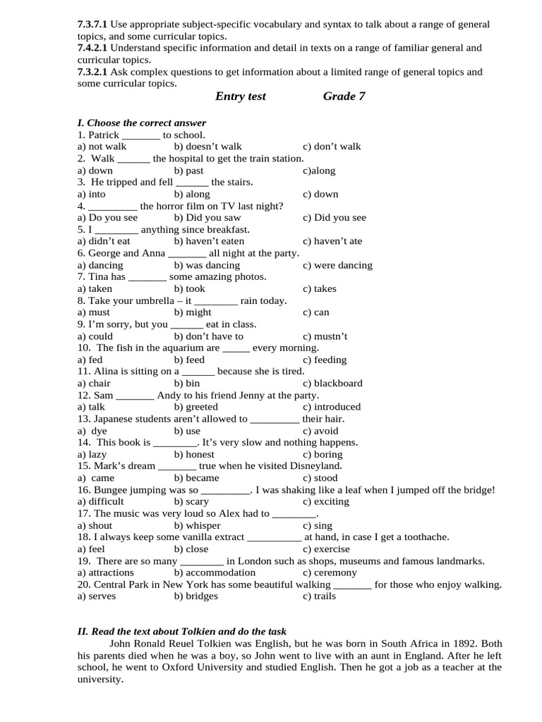 Entry test Grade 7 | PDF | J. R. R. Tolkien | Middle Earth