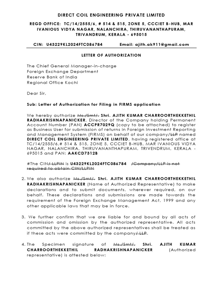 BUSINESS USER LETTER OF AUTHORIZATION | PDF