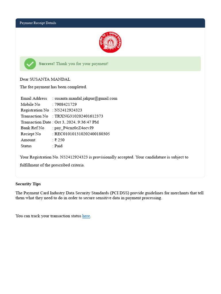 Payment Receipt Details - SUSANTA - GRADUATE | PDF