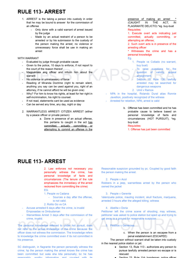 RULE 113_ ARREST | PDF | Arrest | Miranda Warning