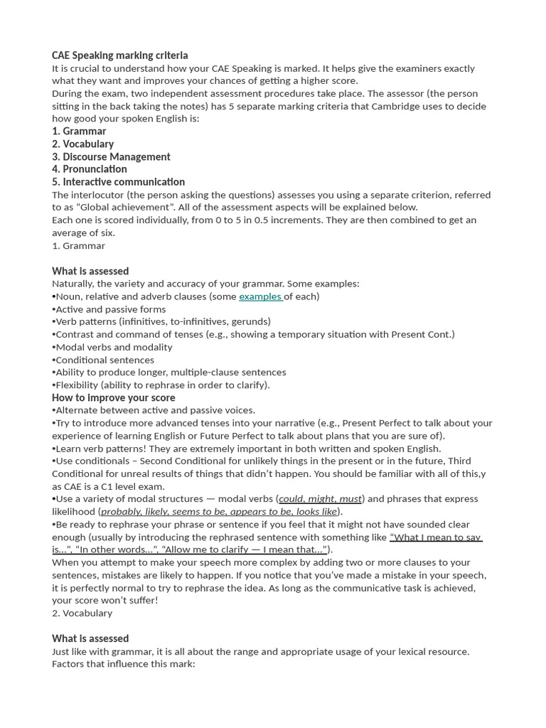 CAE sepaking criteria | PDF | English Language | Verb