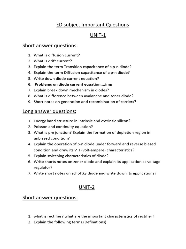 ED Subject Important Questions UNIT-1 Short Answer Questions | PDF | Field Effect Transistor ...