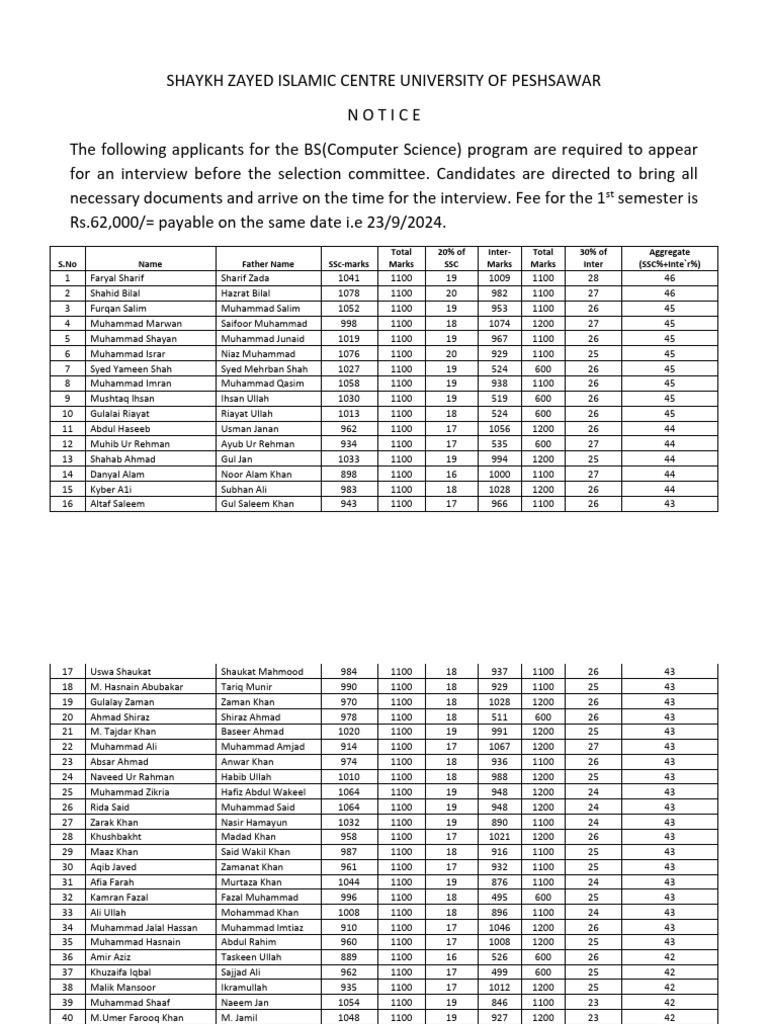 BS (Computer Science) Program 1st Merit List | PDF