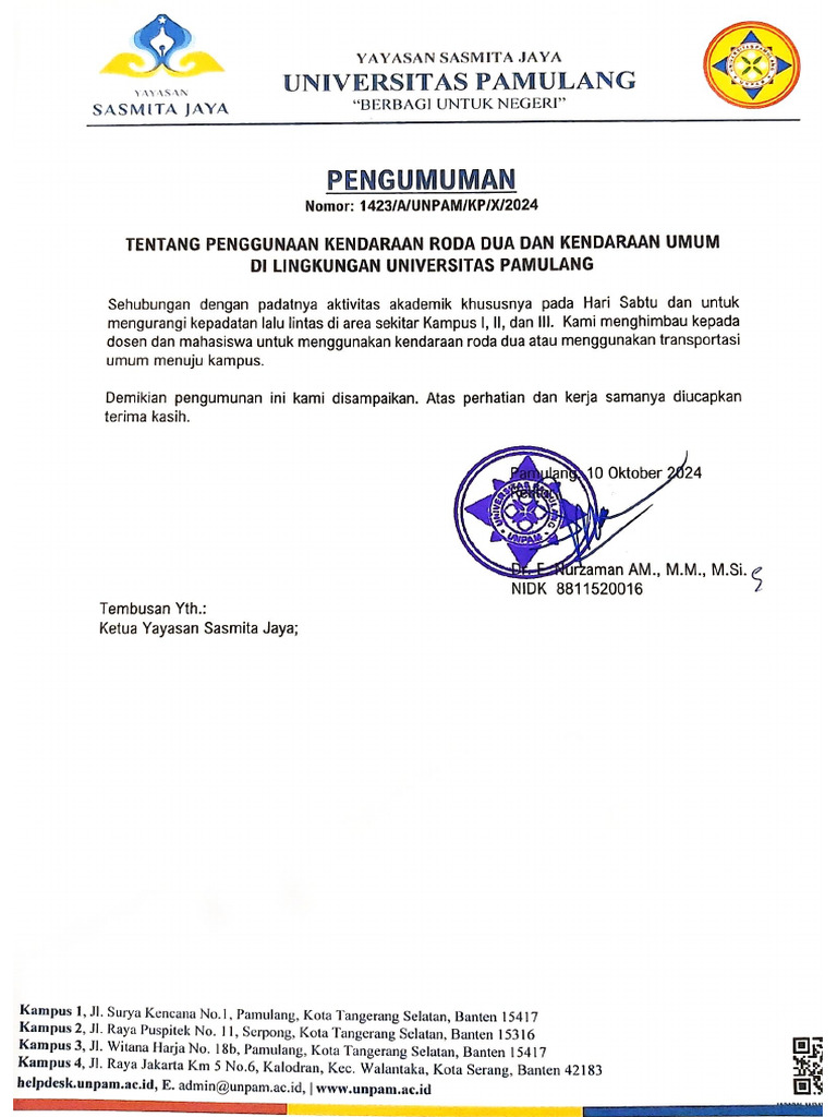 Pmn. Penggunaan Kendaraan Di Area Kampus 1,2,3 Unpam | PDF