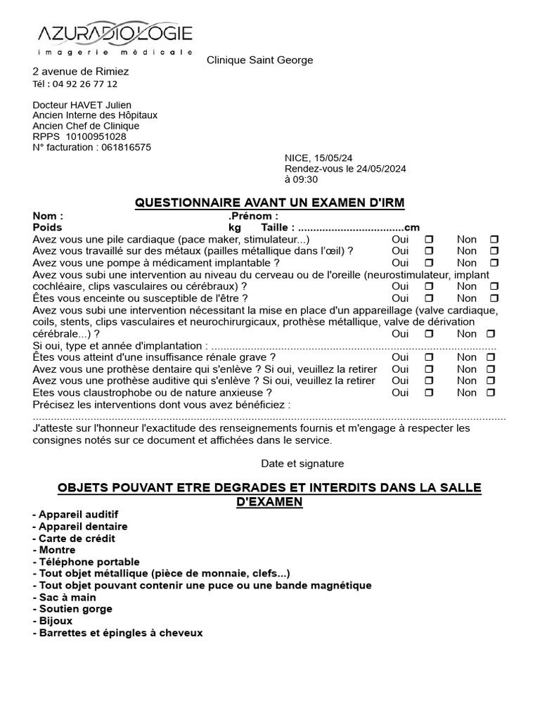 Questionnaire Pré-IRM à la Clinique Saint George | PDF | Médecine ...