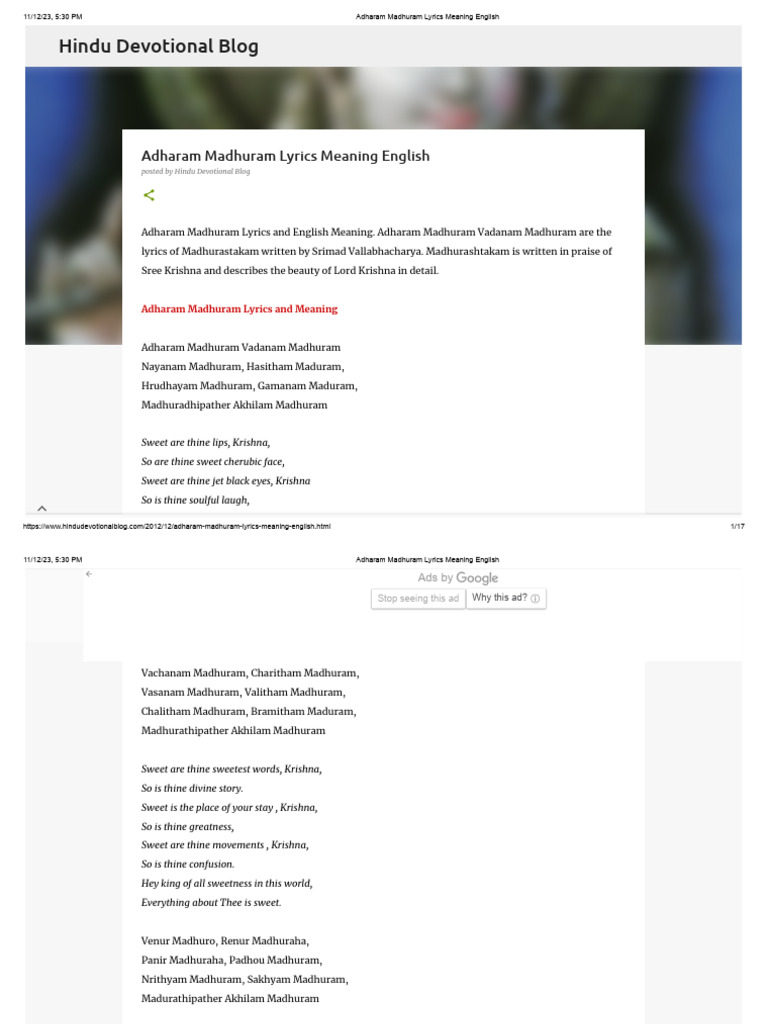 Adharam Madhuram Lyrics and Meaning | PDF | Krishna | Hinduism