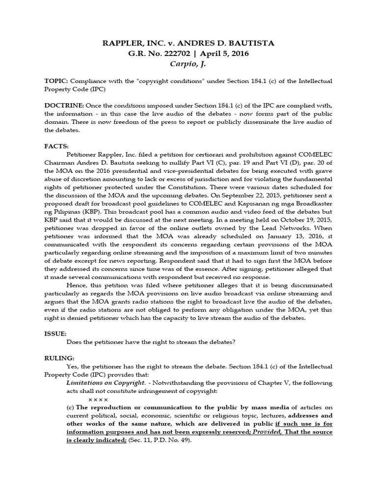 RAPPLER, INC. v. ANDRES D. BAUTISTA | PDF | Copyright | Public Sphere
