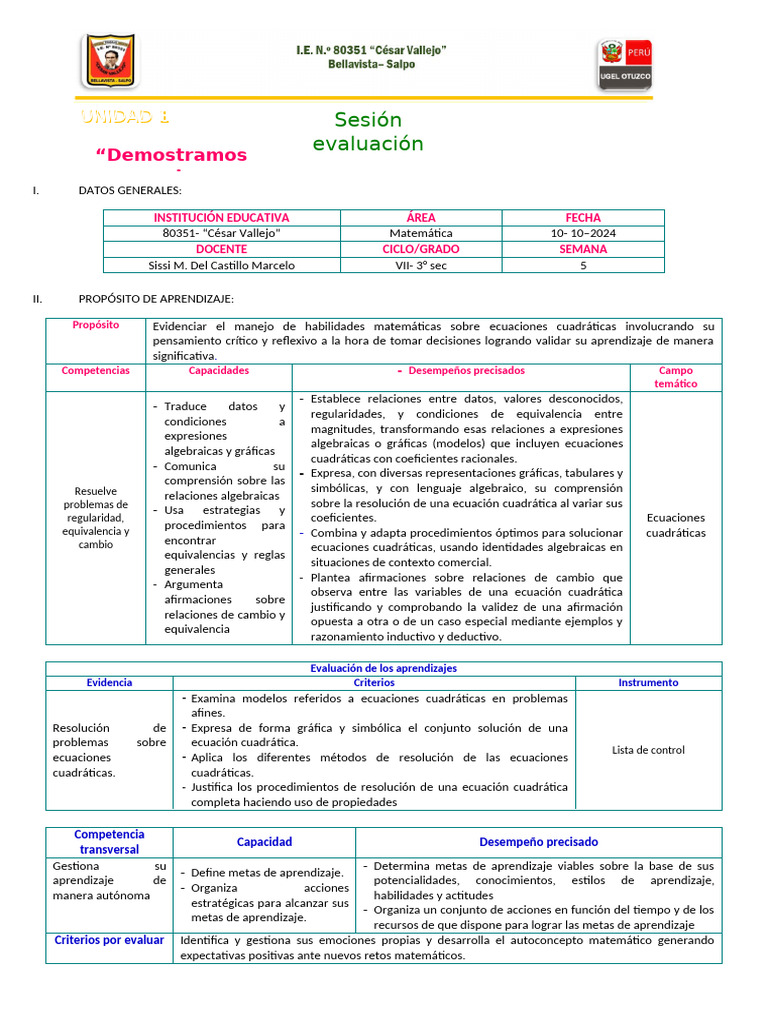 Sesion Evaluacion Tercero Sexta Unidad Ecuaciones Cuadraticas | PDF | Ecuaciones | Aprendizaje