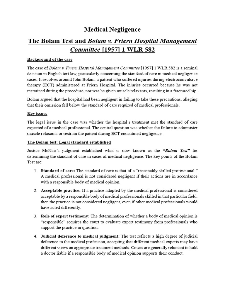 Bolam Test & Consumer Protection Act | PDF | Standard Of Care | Negligence