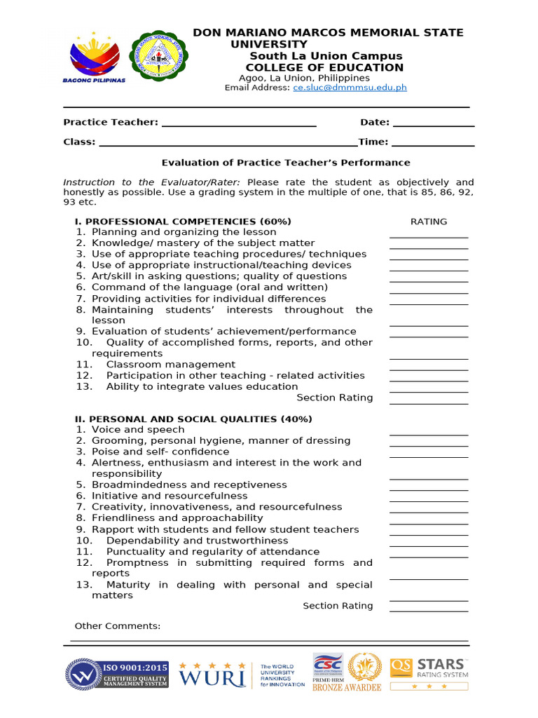 New-Evaluation-Form (1) | PDF | Teachers | Classroom Management