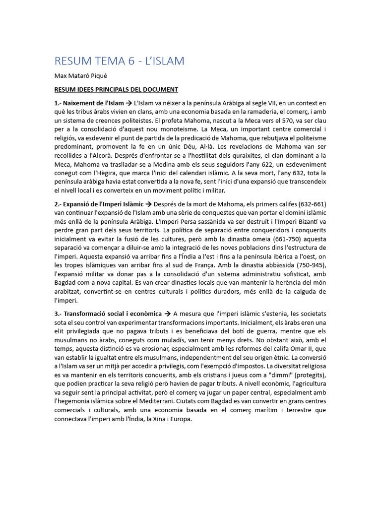 Resum Tema 6 - L'islam | PDF