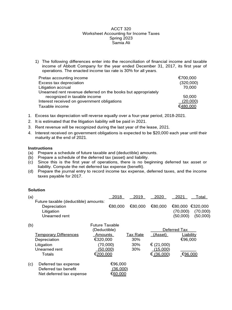 Worksheet Taxes Qandsolutions | PDF | Deferred Tax | Tax Expense