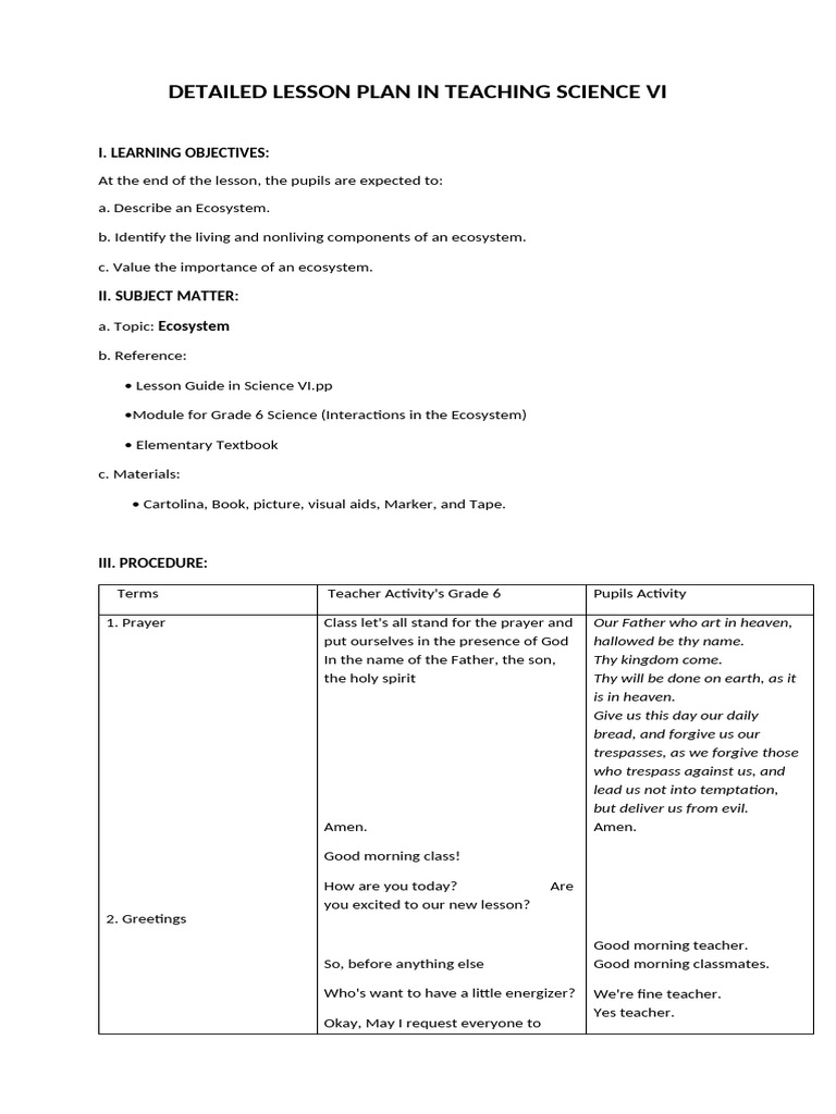 Science VI Ecosystem Lesson Plan | PDF | Lord's Prayer | Ecosystem