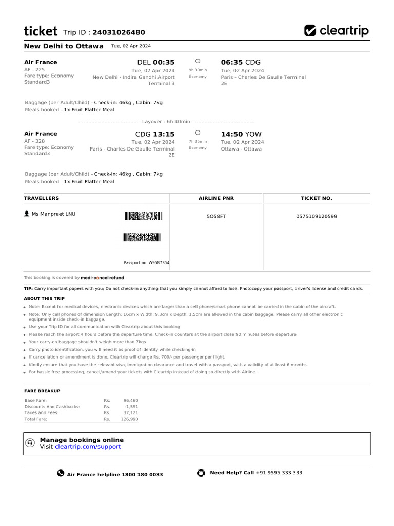 New Delhi to Ottawa Flight Details | PDF