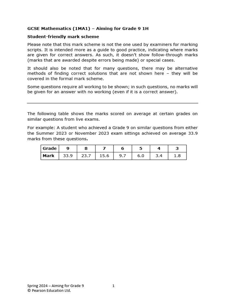 01c 1MA1 1H Spring 2024 Aiming For Grade 9 Student Friendly Mark Scheme | PDF | Mathematics