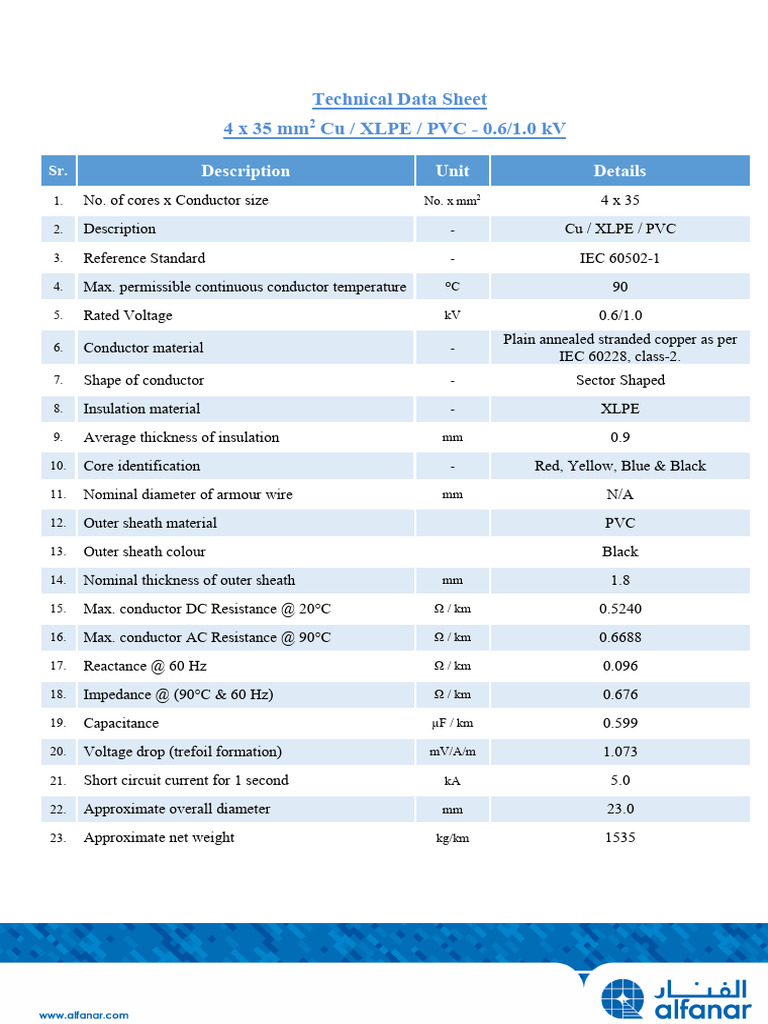 Technical Data Sheet - 4x35 - Cu - XLPE - PVC - 0.6-1 KV | PDF ...