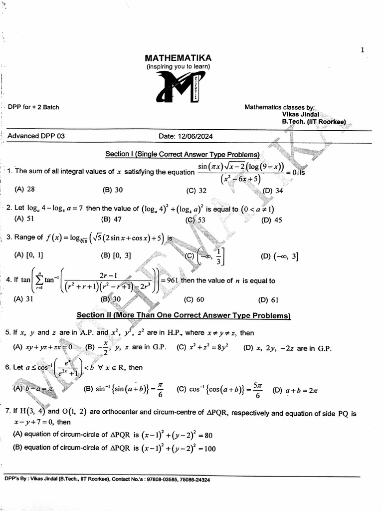 Advanced DPP 3 & 4 Batch +2 (2024-25) | PDF