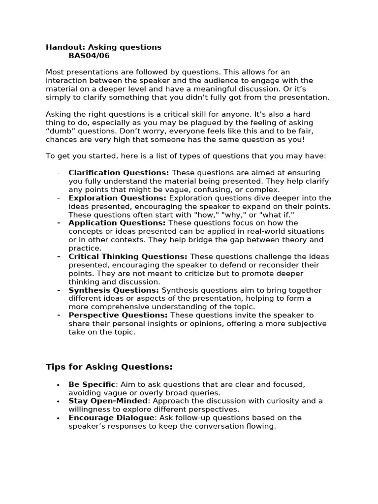 BAS04 Asking Questions Handout | PDF | Thought | Concept