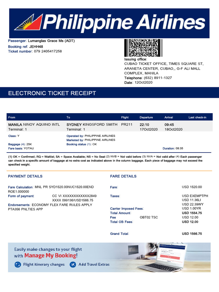 Electronic Ticket Receipt 17OCT For GRACE LUMANGLAS | PDF
