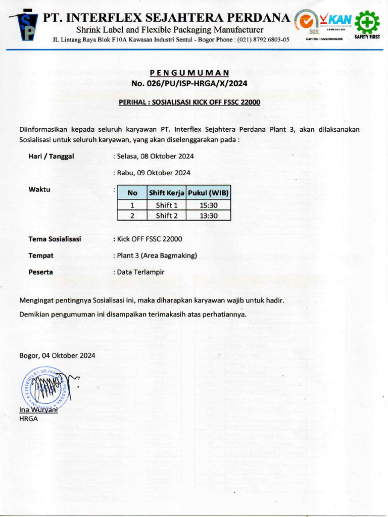 Pengumuman Sosialisasi Kick Off FSSC 22000 Tahun 2024 | PDF