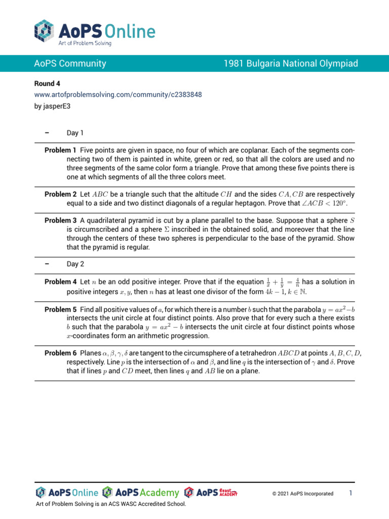 Aops Community 1981 Bulgaria National Olympiad: Round 4 | PDF