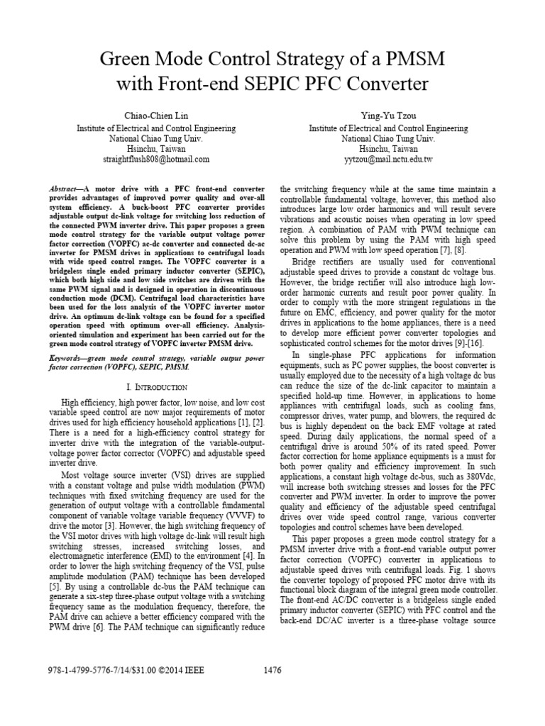 Green Mode Control Strategy of A PMSM With Front-End SEPIC PFC Converter1 | PDF | Power Inverter ...