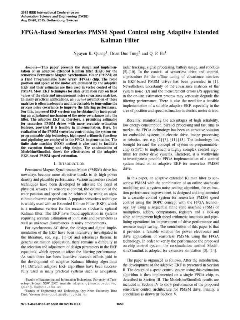 Fpga Based Sensorless Pmsm Speed Control Using Adaptive Extended Kalman