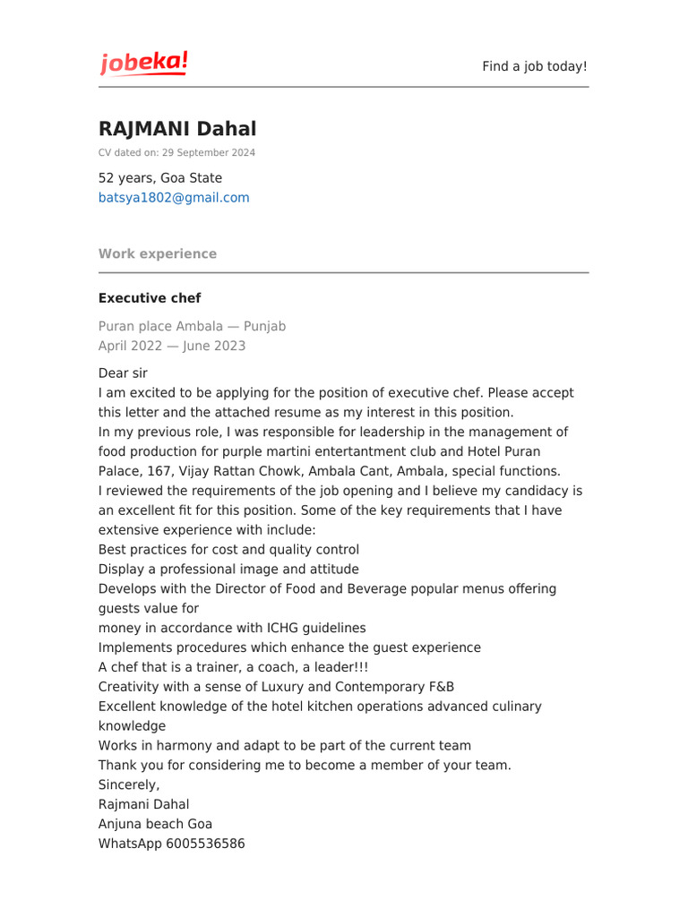 Executive Chef Application by Rajmani Dahal | PDF