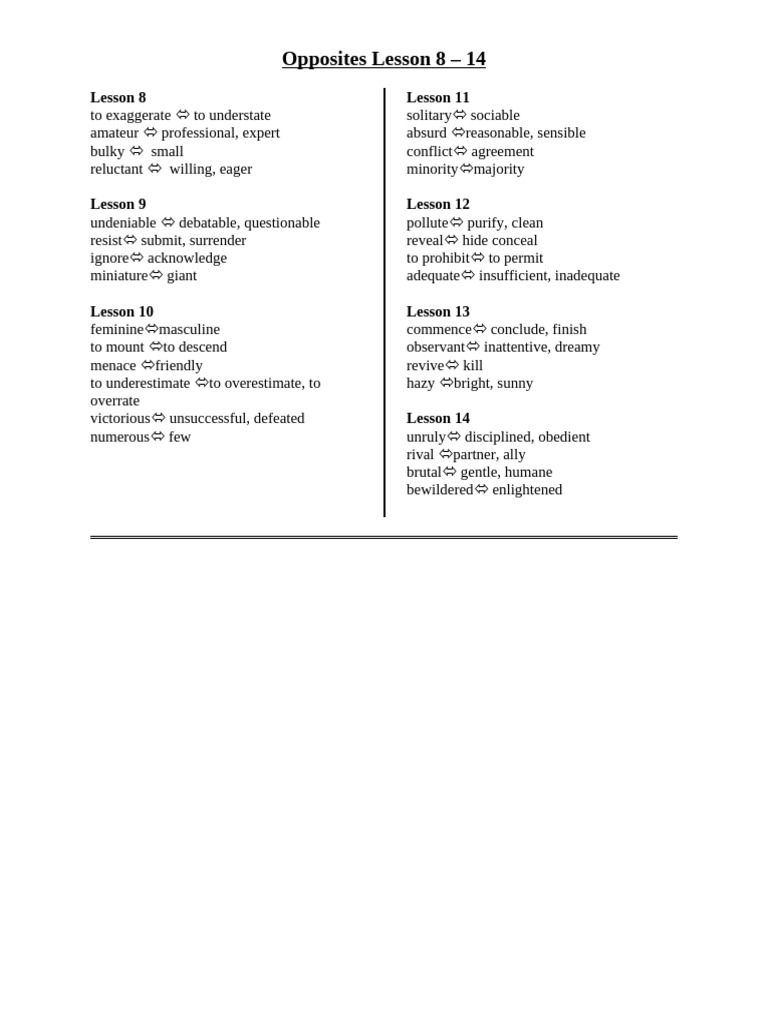 Opposites Vocabulary Lessons 8-14 | PDF