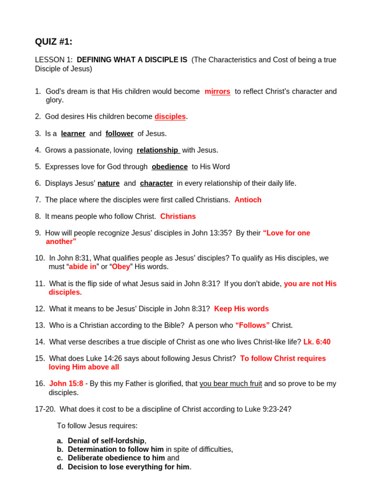 QUIZ 1 - LESSON 1 DEFINING WHAT A DISCIPLE IS | PDF