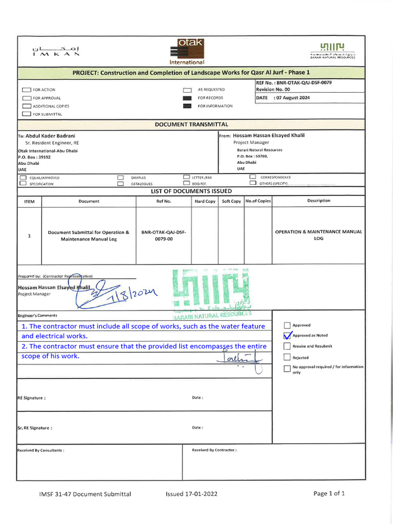 BNR-OTAK-QAJ-DSF-0079 Document Submittal For Operation & Maintenance ...