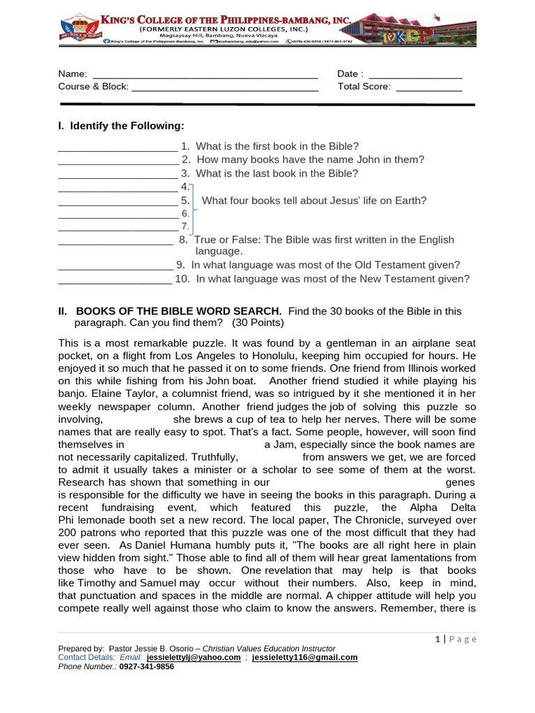 Quiz 3 - Lesson 2 Books of The Bible (A4) | PDF | Bible | Religious Texts