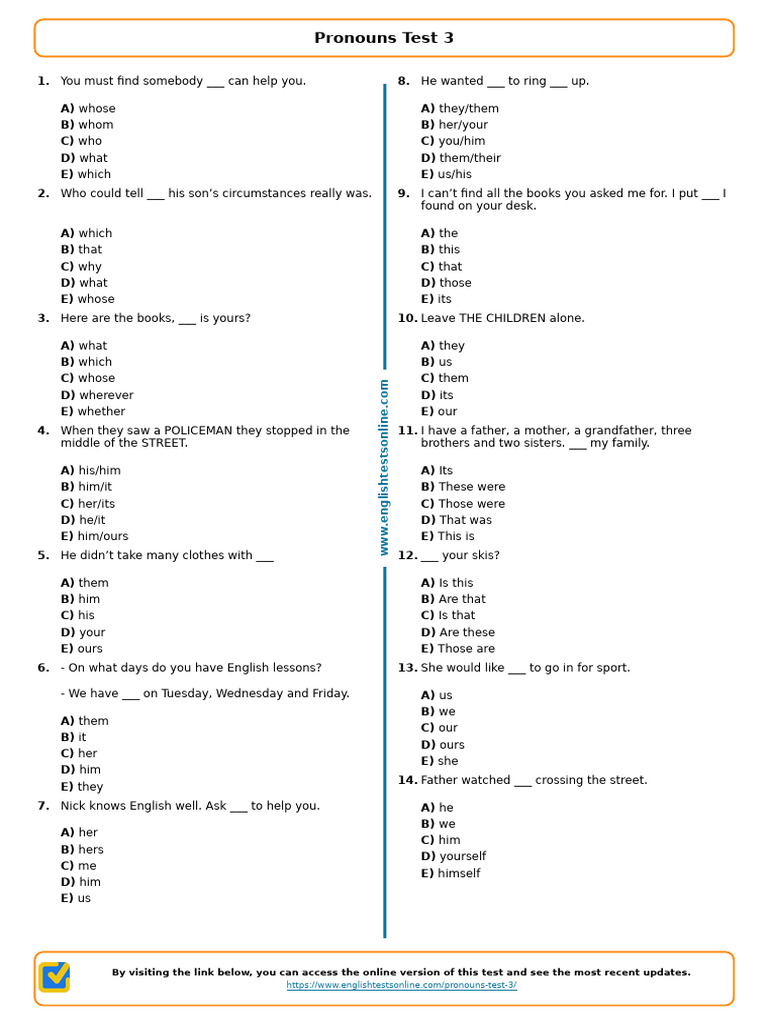Pronouns Test with Answer Key | PDF