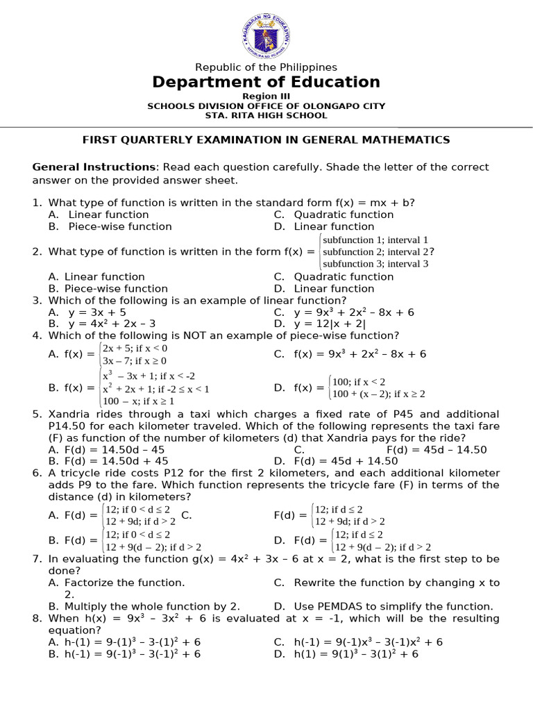 GRADE 11_GenMath_1st Quarterly Examination | PDF | Function (Mathematics) | Inequality (Mathematics)