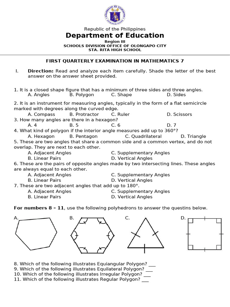 GRADE_7_Mathematics_1st Quarterly Examination | PDF | Polygon | Angle