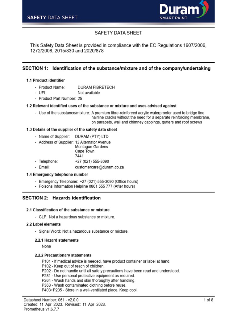 Duram Fibretech Safety Data Sheet | PDF | Chemistry | Safety