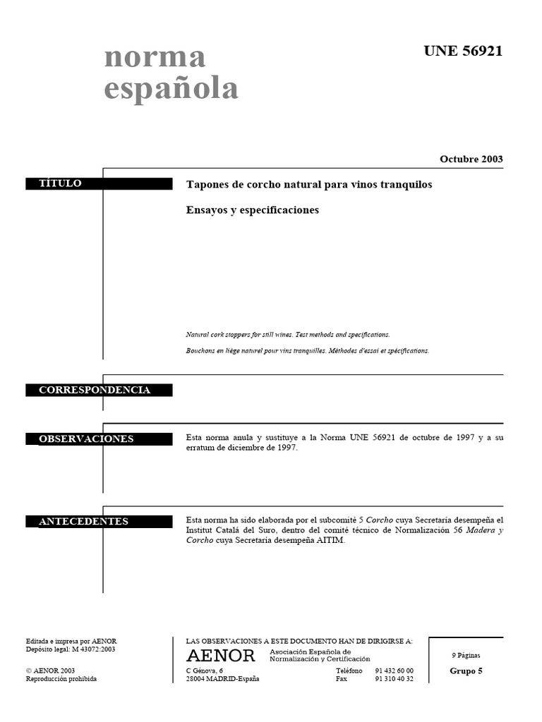 Tapones de corcho natural: norma UNE 56921 | PDF | Las bacterias | Balanza