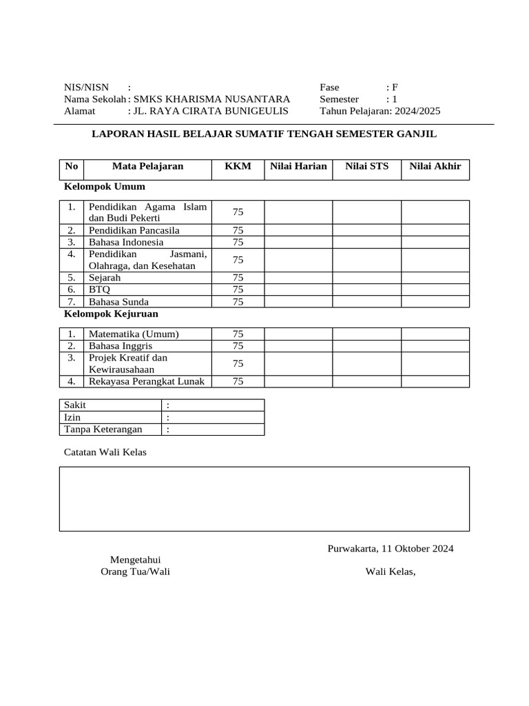 Format Rapor STS XI RPL | PDF | Karier & Perkembangan