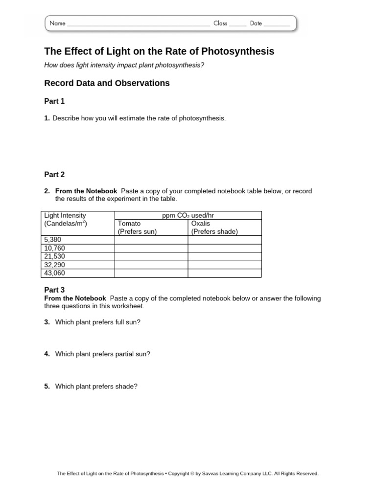 The Effect of Light On The Rate of Photosynthesis: Record Data and ...