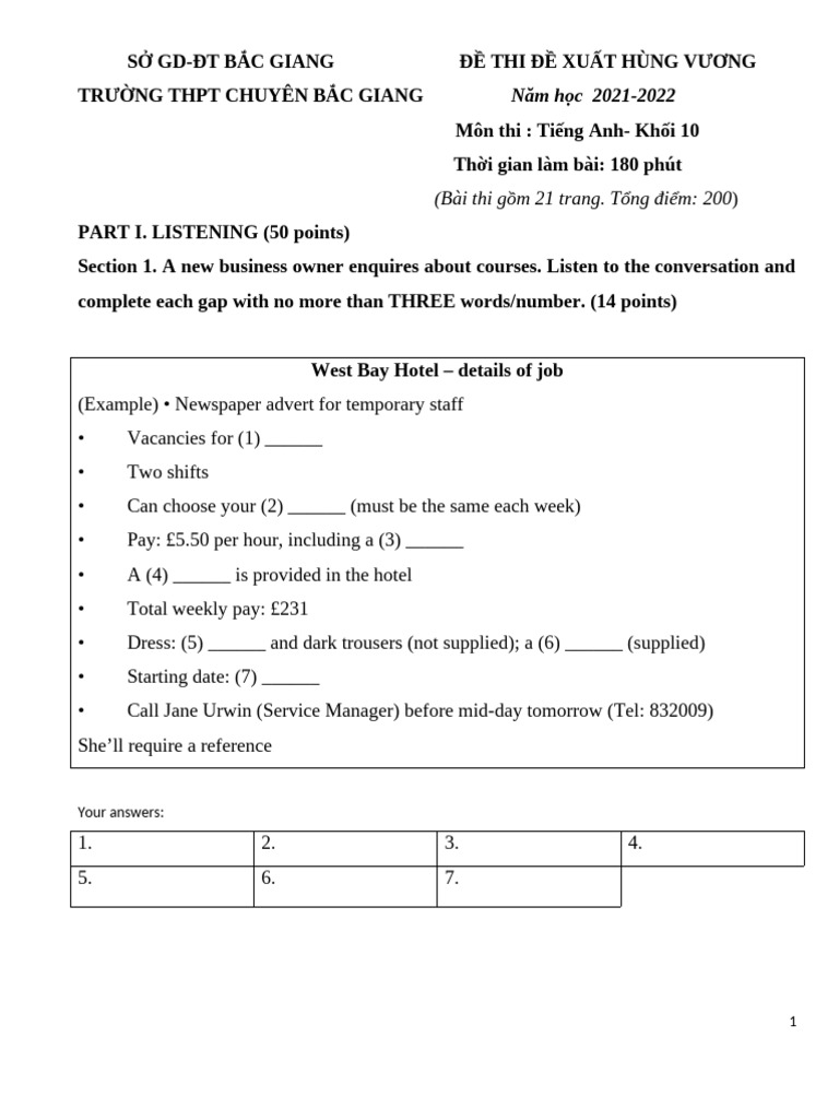 Test Paper Tiếng Anh 10, CBG Hùng Vương 2022 | PDF | Search For ...