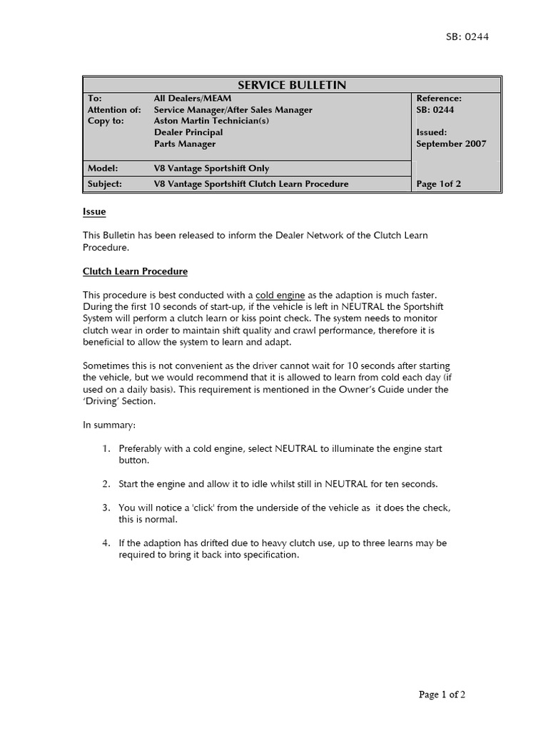Appendix 3 V8 Clutch Learn sb0244 Rev1 | PDF | Vehicles | Motor Vehicle