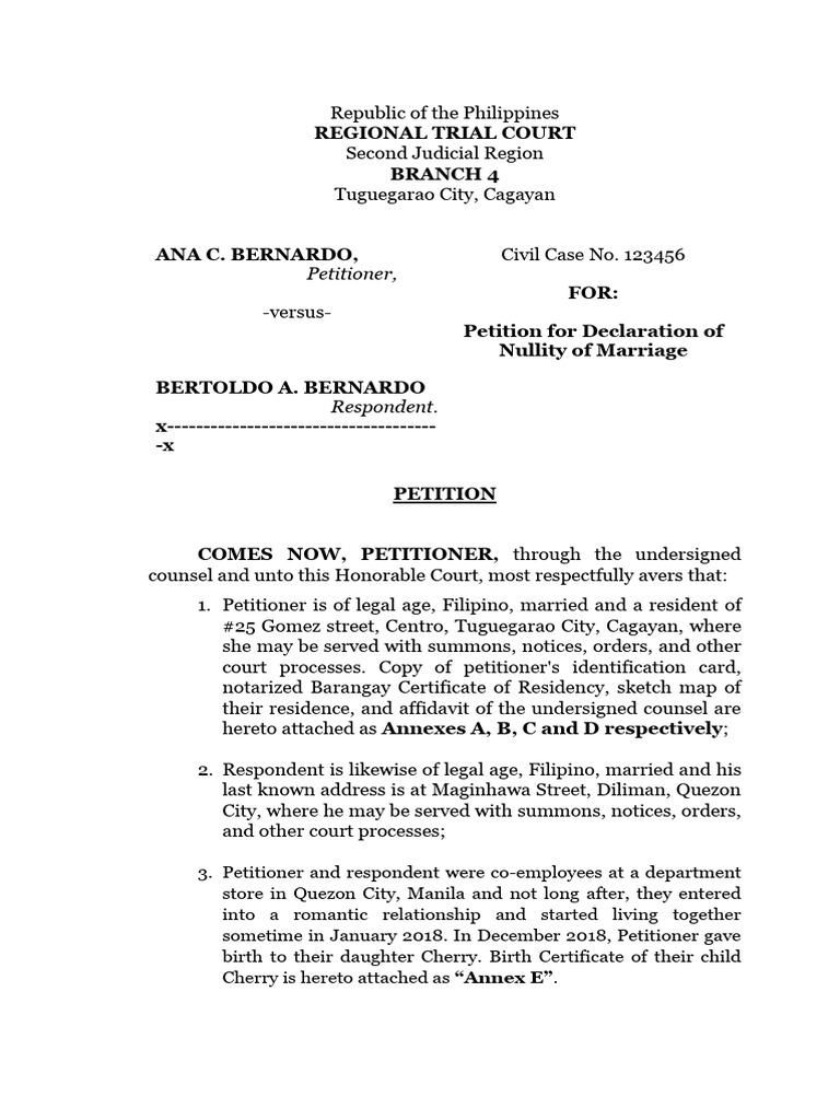 Petition For Declaration of Nullity of Marriage Ana and Bert Prac Court ...
