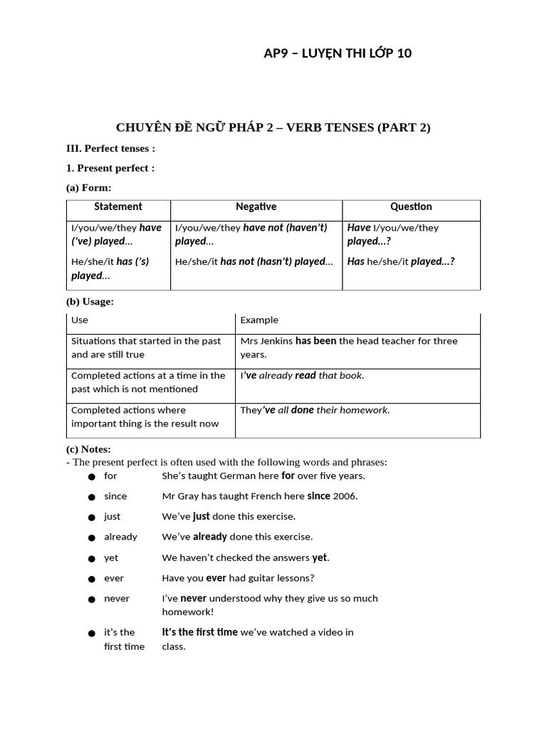 Topic 2 - Verb Tenses (2) - Student Handout | PDF | Grammatical Tense ...