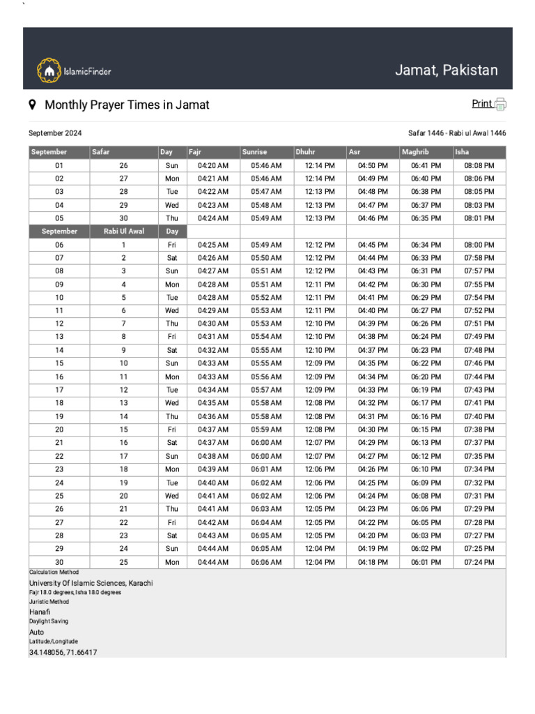 September 2024 Prayer Times Jamat | PDF | Sharia | Prayer